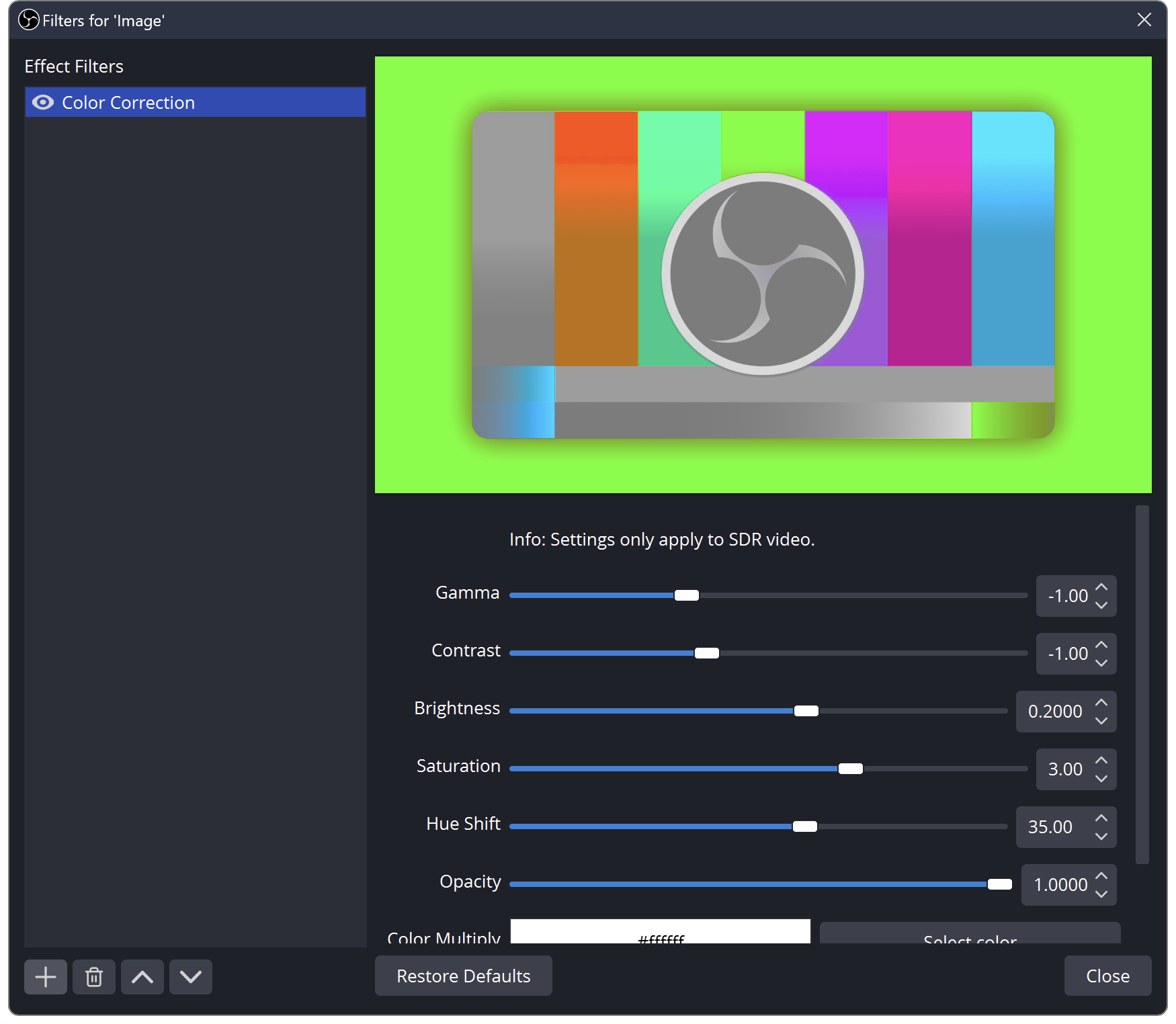 Color Correction Filter | OBS